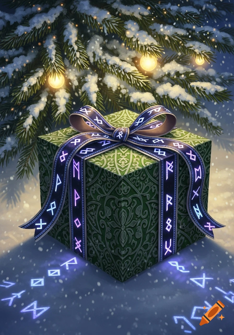 A green Christmas present with a blue ribbon covered in glowing magical ...