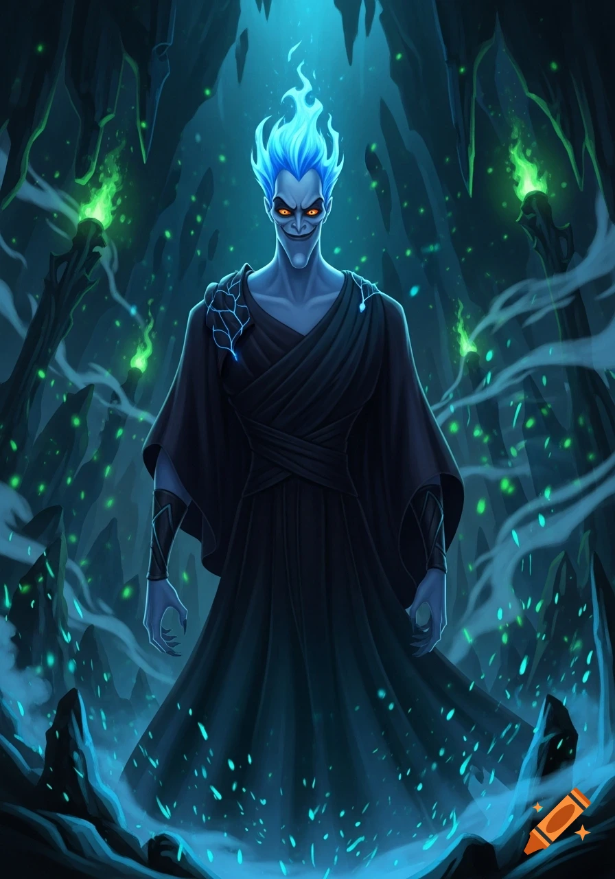 Disney's Hades with blue flame hair stands in a dark, glowing ...