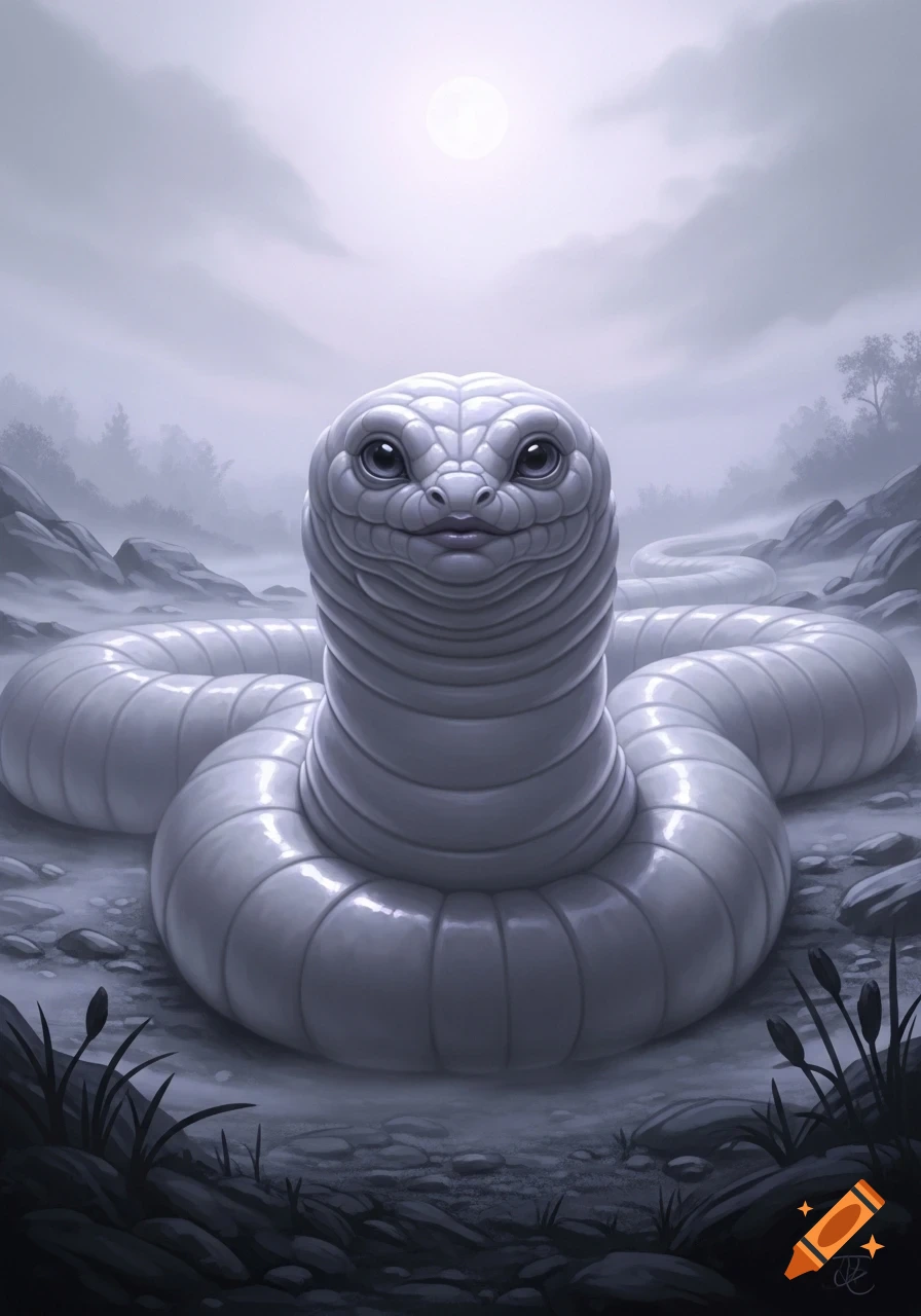 A pale, fleshy, snake-like creature with large black eyes and a human ...