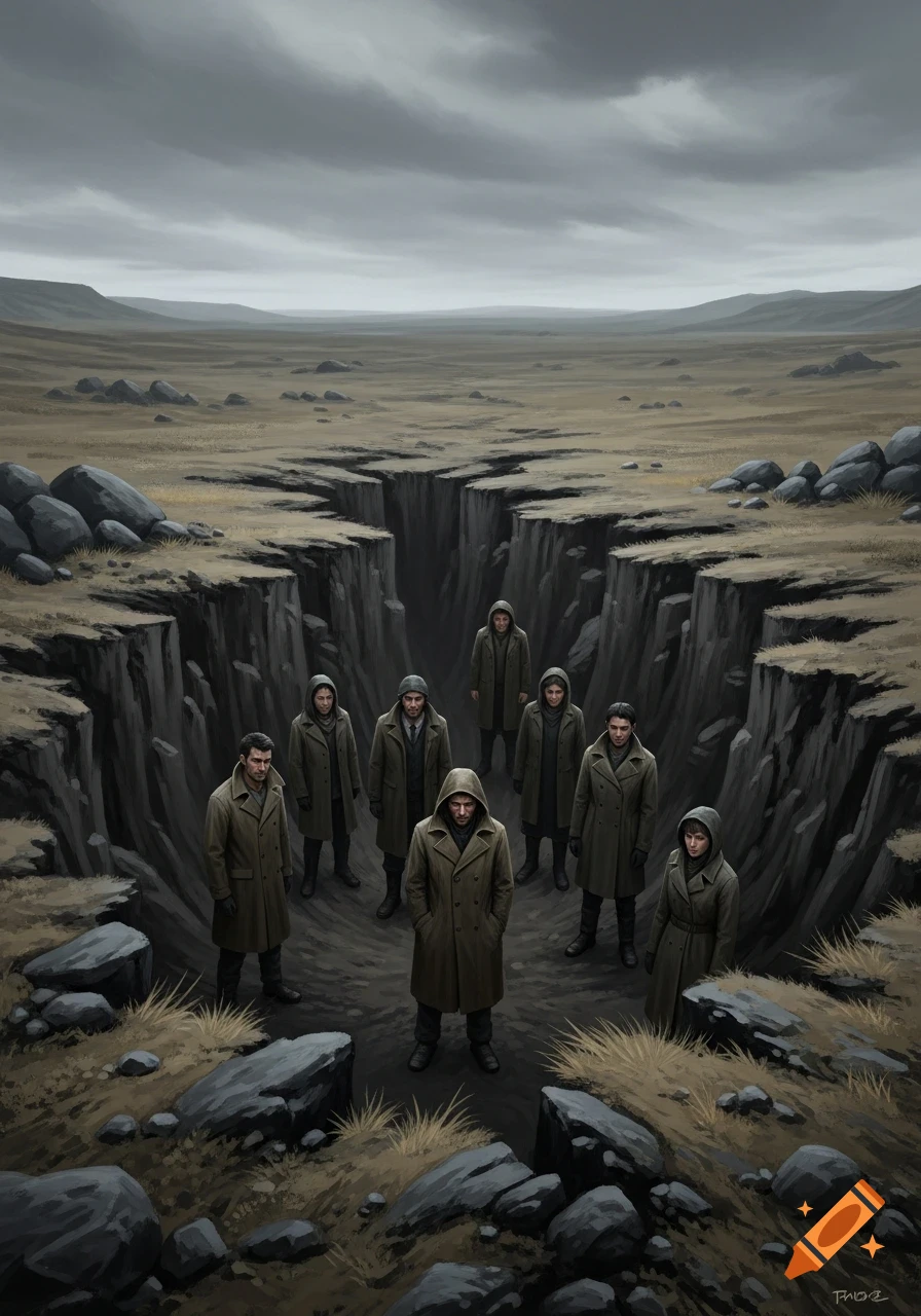Seven figures in long drab coats stand within a deep cracked ditch in a ...