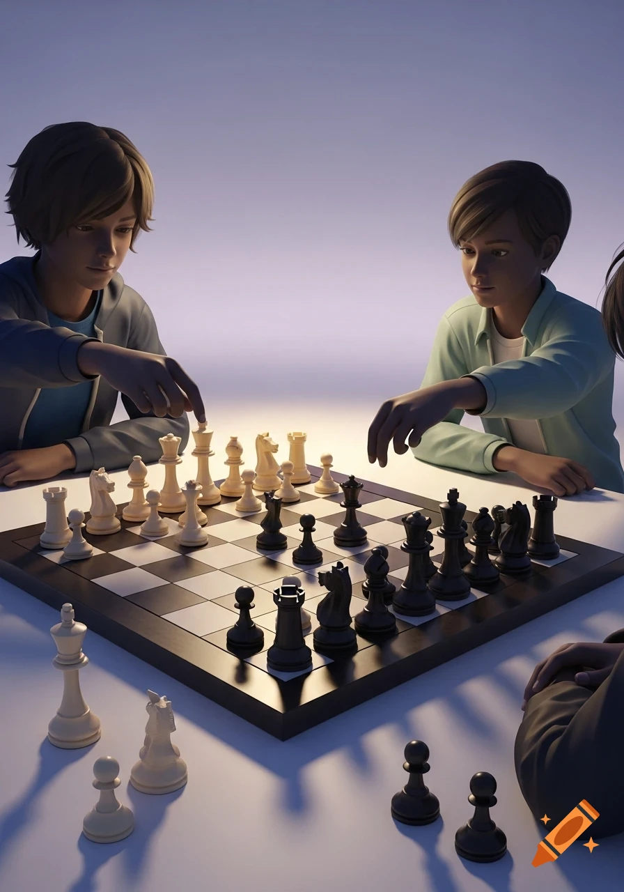 Two young, stylized boys play chess from an overhead angle, one moving ...