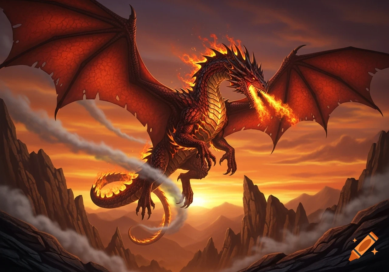 A majestic red fire dragon with large wings breathes fire while flying ...