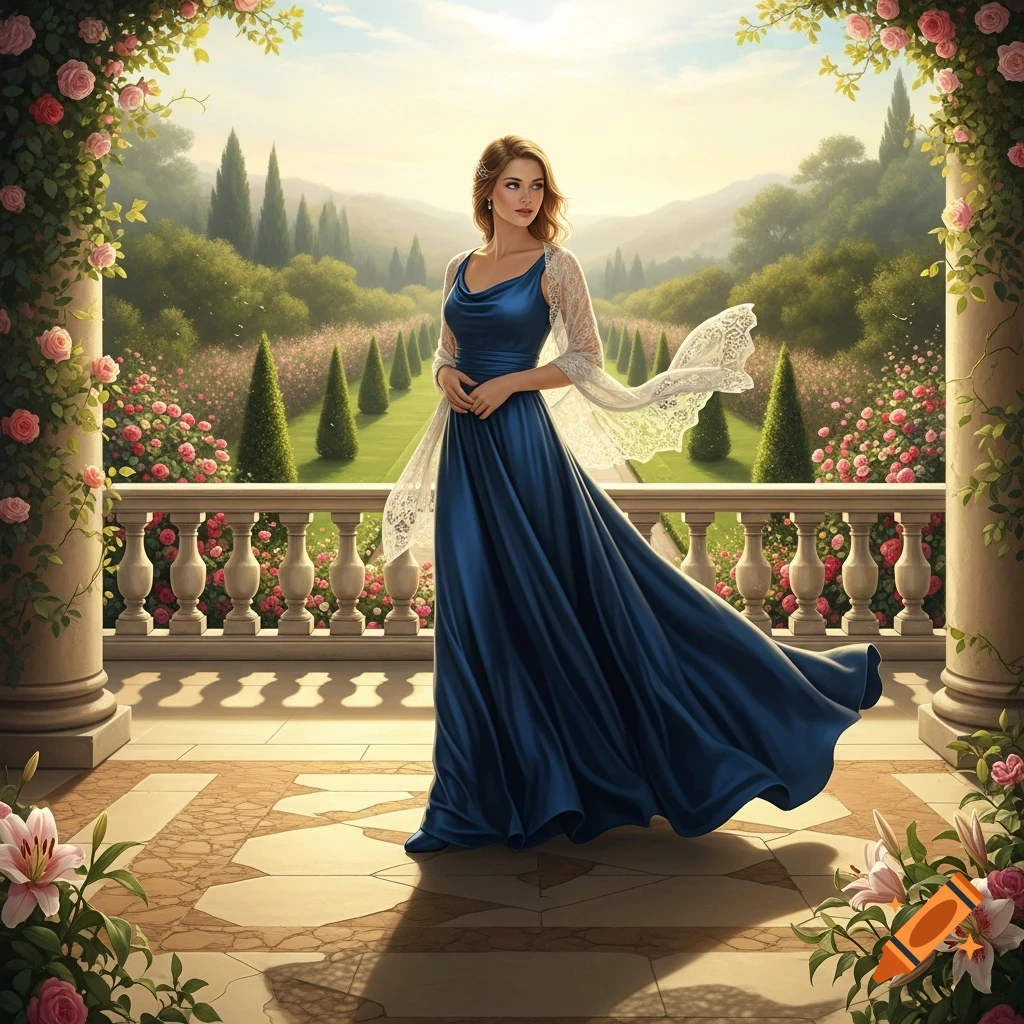 Elegant woman in a flowing blue gown and lace shawl on a rose-covered ...
