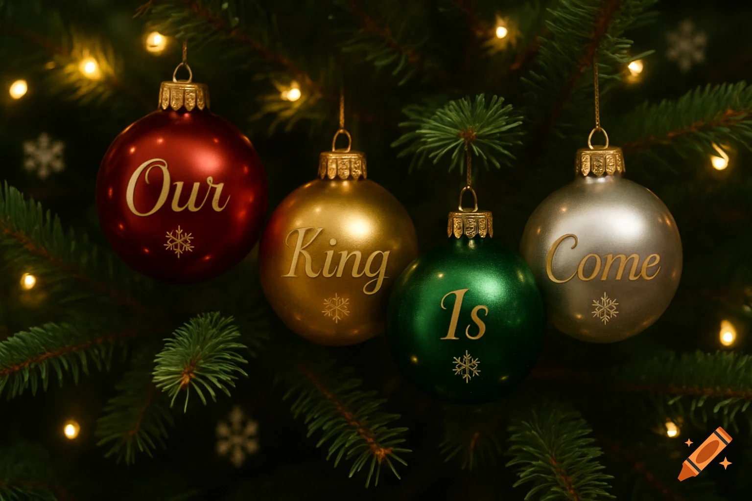 Four Christmas ball ornaments, red, gold, green, and silver, hang on a ...