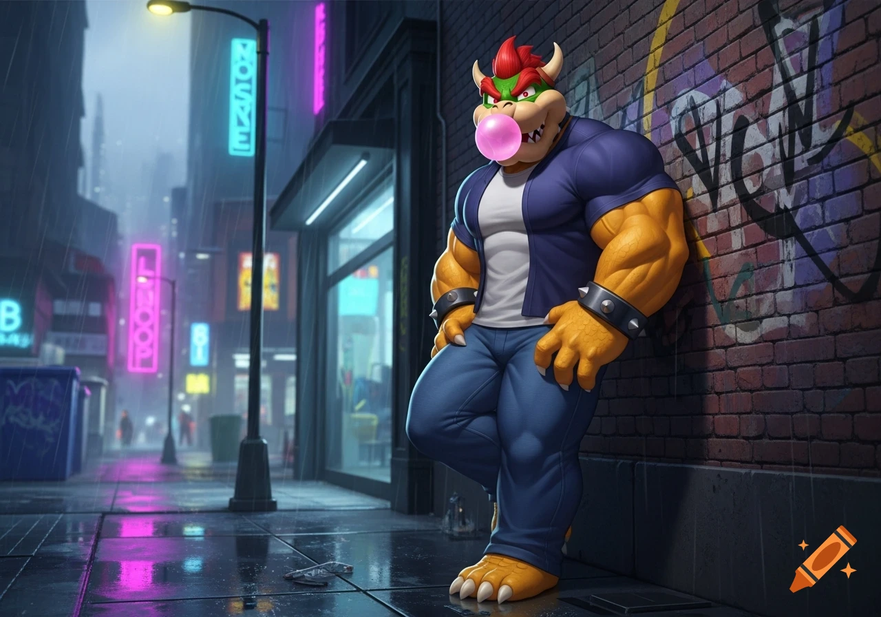 Muscular Bowser in a blue jacket and jeans blows pink bubblegum ...