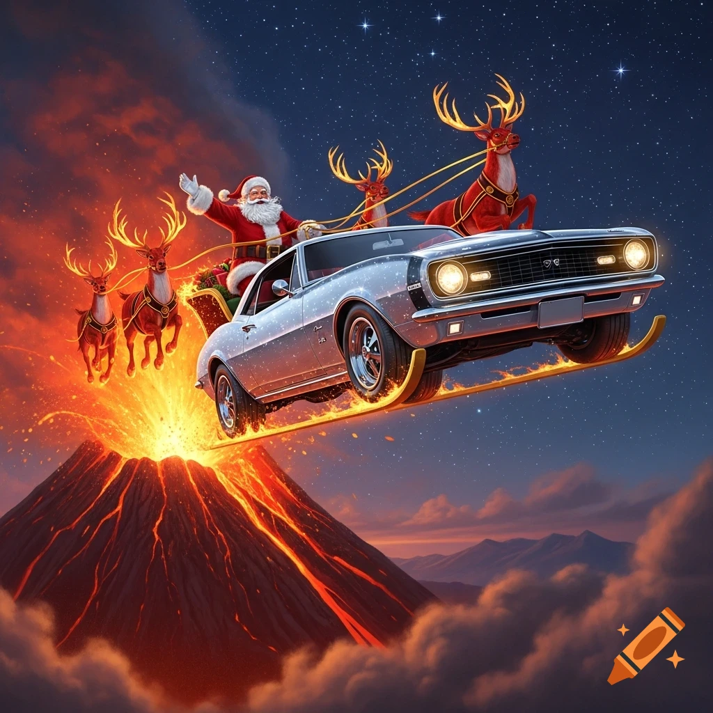 Santa Claus in a silver 1964 Camaro sleigh pulled by reindeers, flying ...