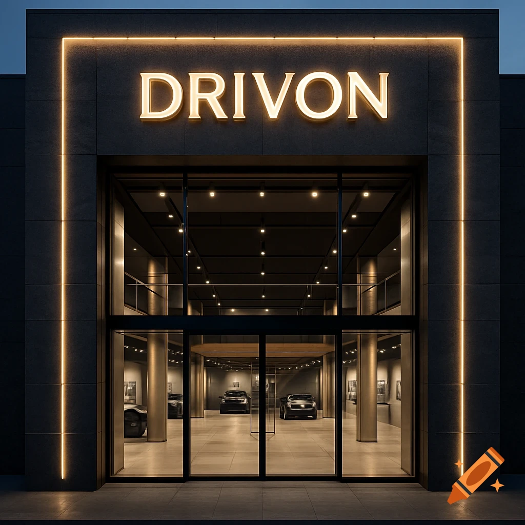Sleek modern luxury car dealership with a glowing 'DRIVON' sign above ...