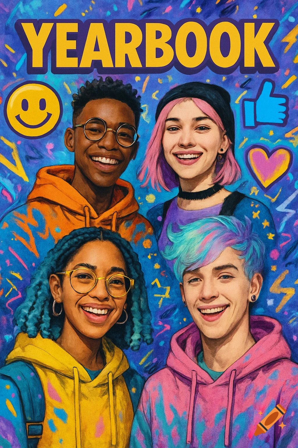 Four smiling Gen Z students with colorful hair and hoodies against a ...