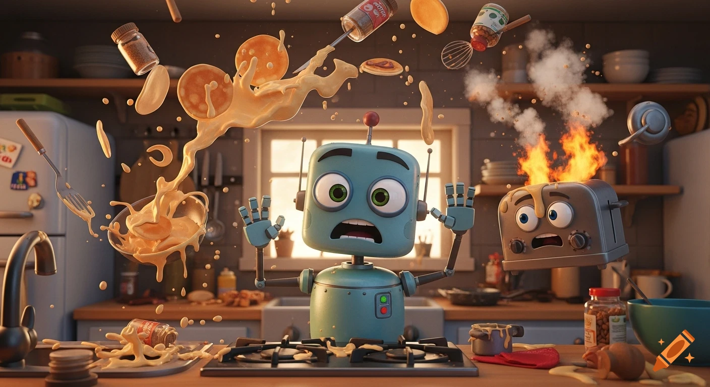 A funny 3D cartoon robot panics in a chaotic kitchen with exploding ...
