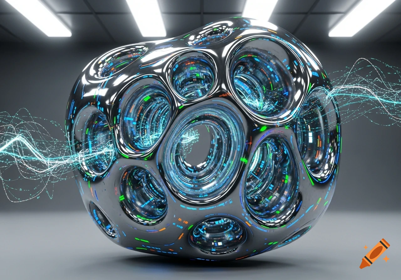A shiny, perforated metallic sphere with glowing digital elements ...
