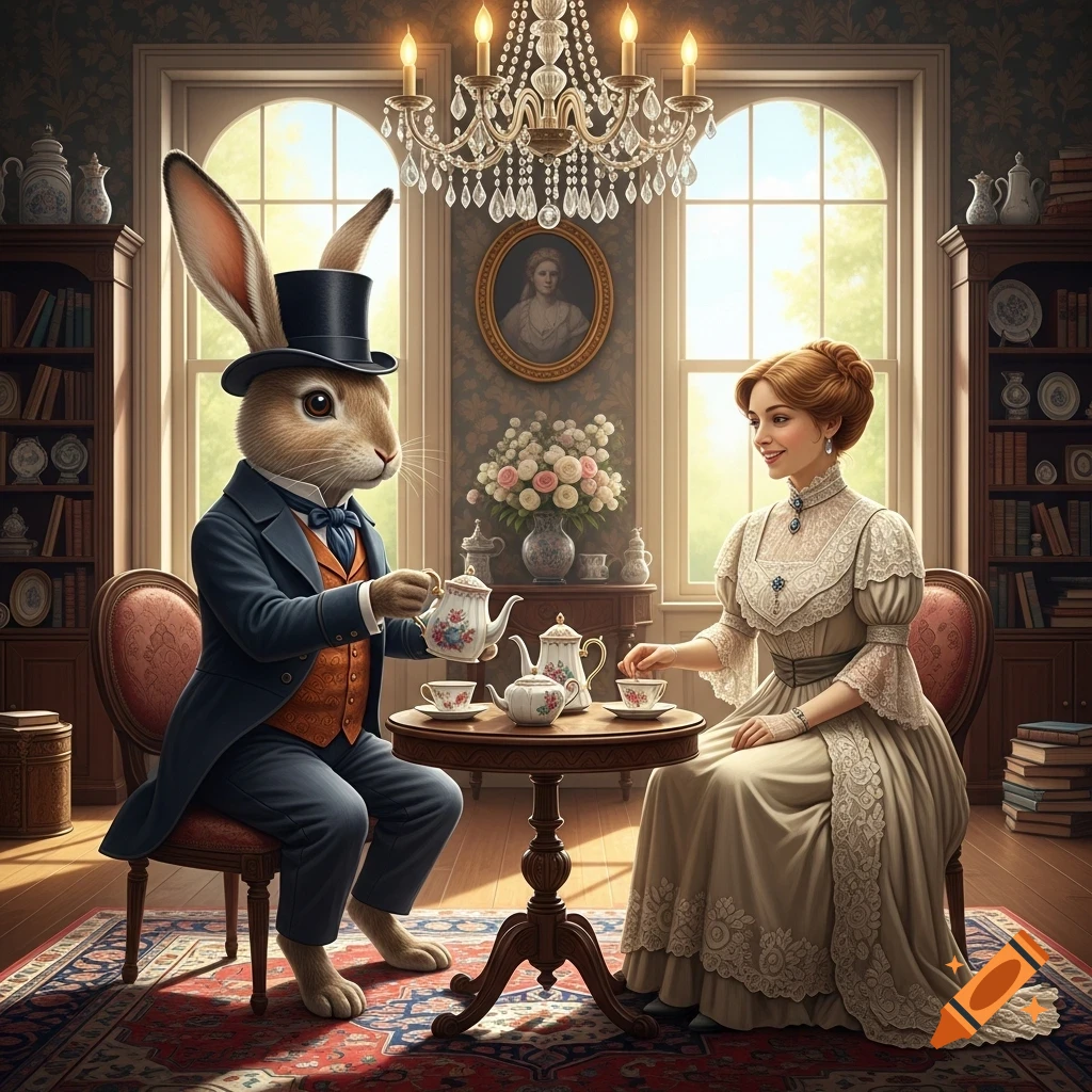 An anthropomorphic rabbit in Victorian attire pours tea for an ...