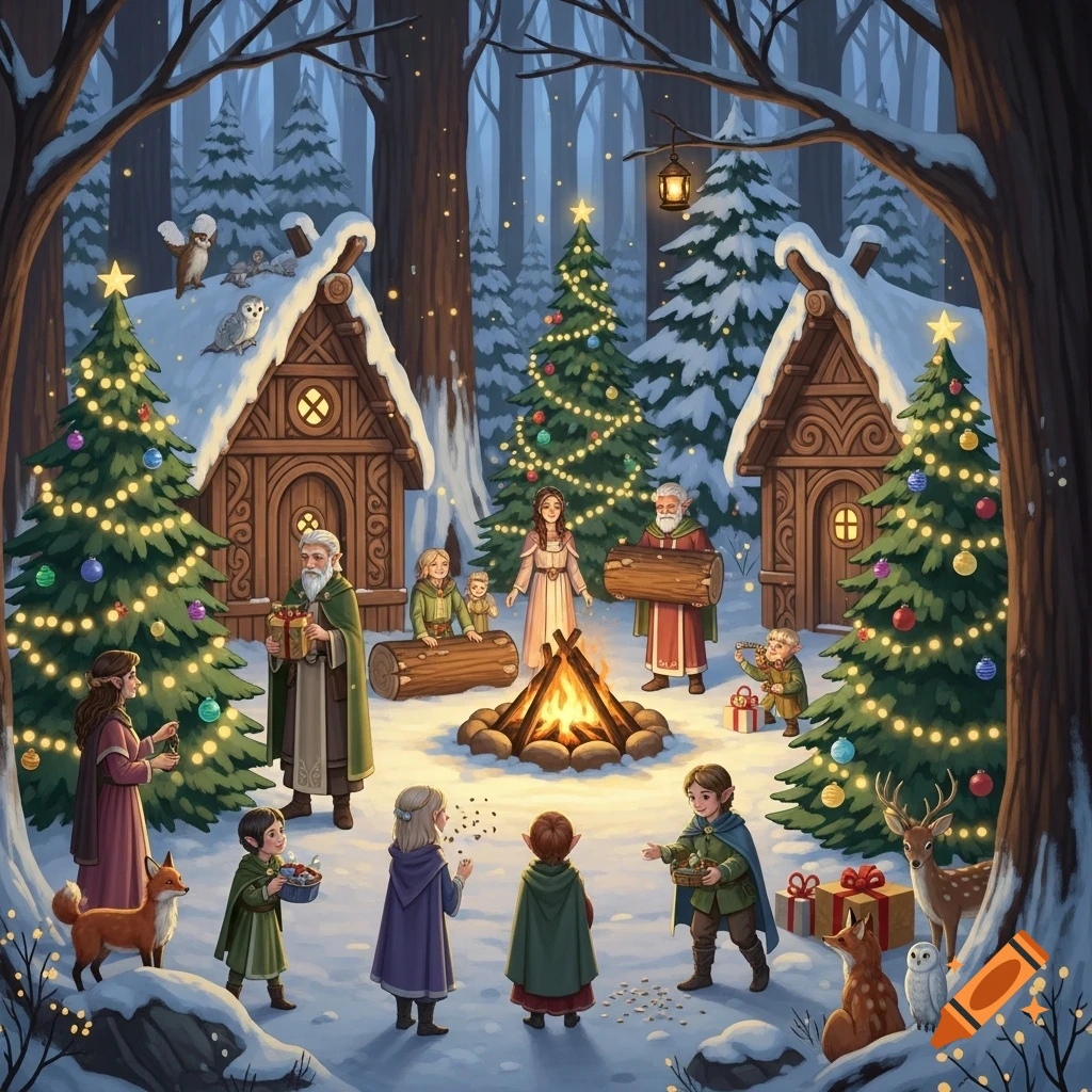 A whimsical illustration of a snowy woodland druid village celebrating ...