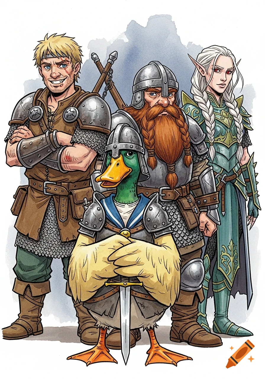 A blonde human, a red-bearded dwarf, a white-haired elf, and an armored ...