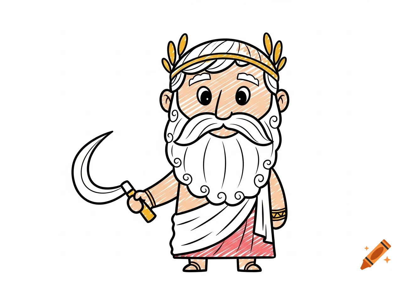 Cartoon drawing of a bearded deity (Kronos) with a laurel wreath and ...