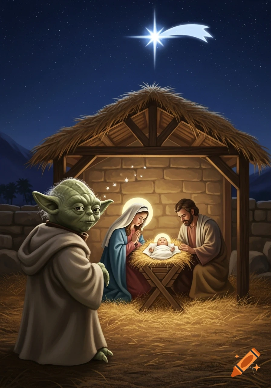 Yoda watches Mary, Joseph, and baby Jesus in a manger in a stylized ...
