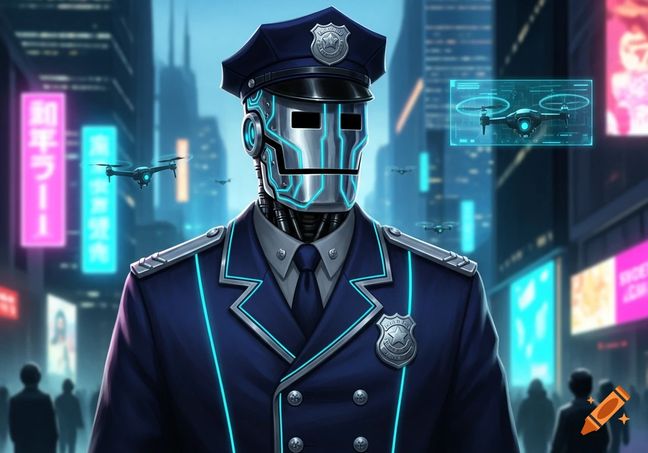 A detailed illustration of a robot policeman in a futuristic city at ...