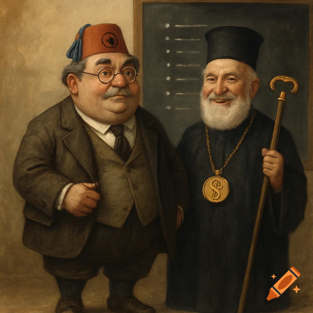 A stylized illustration of two men: a stout man in a brown suit ...