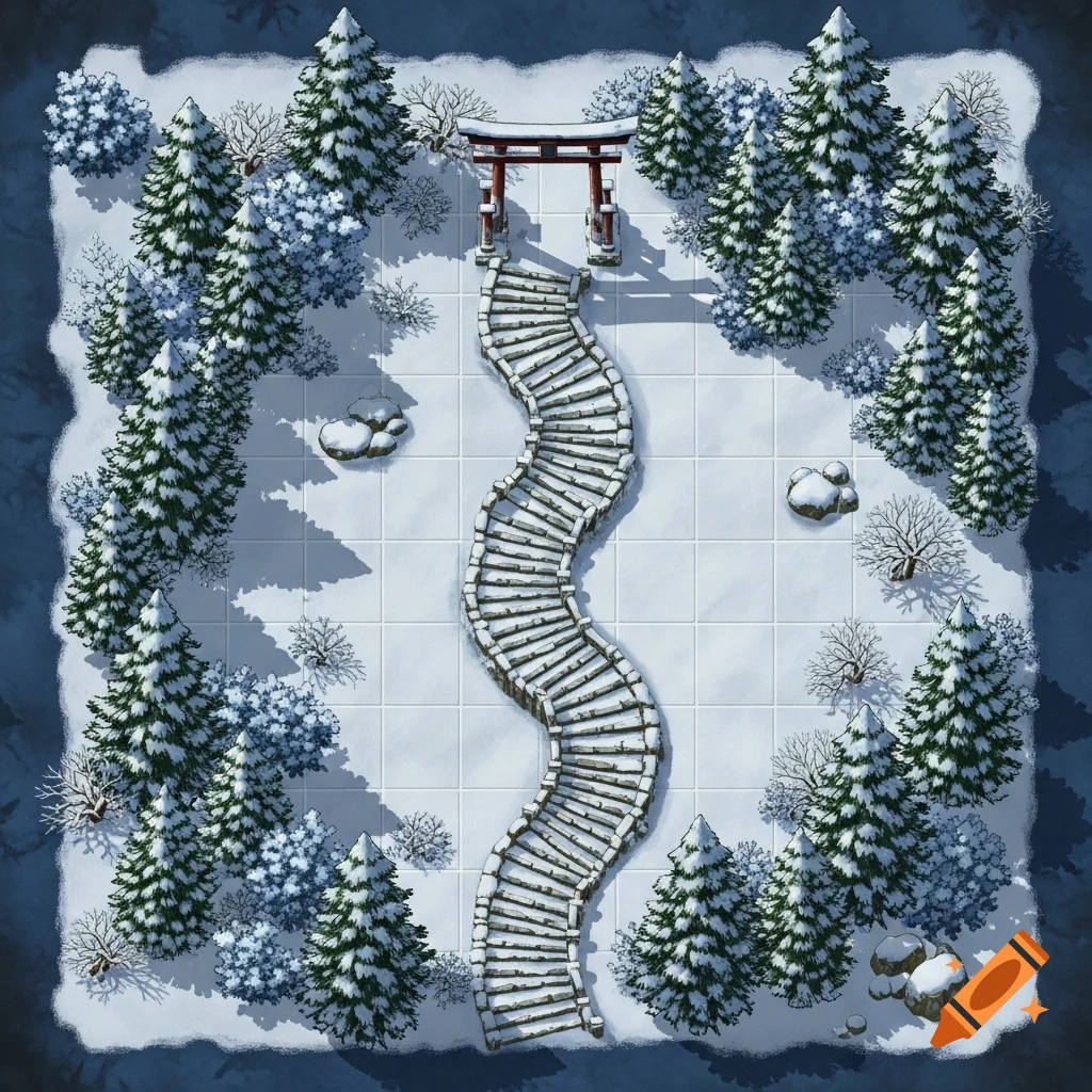 Top-down TTRPG battle map of a winding snowy path leading through a ...