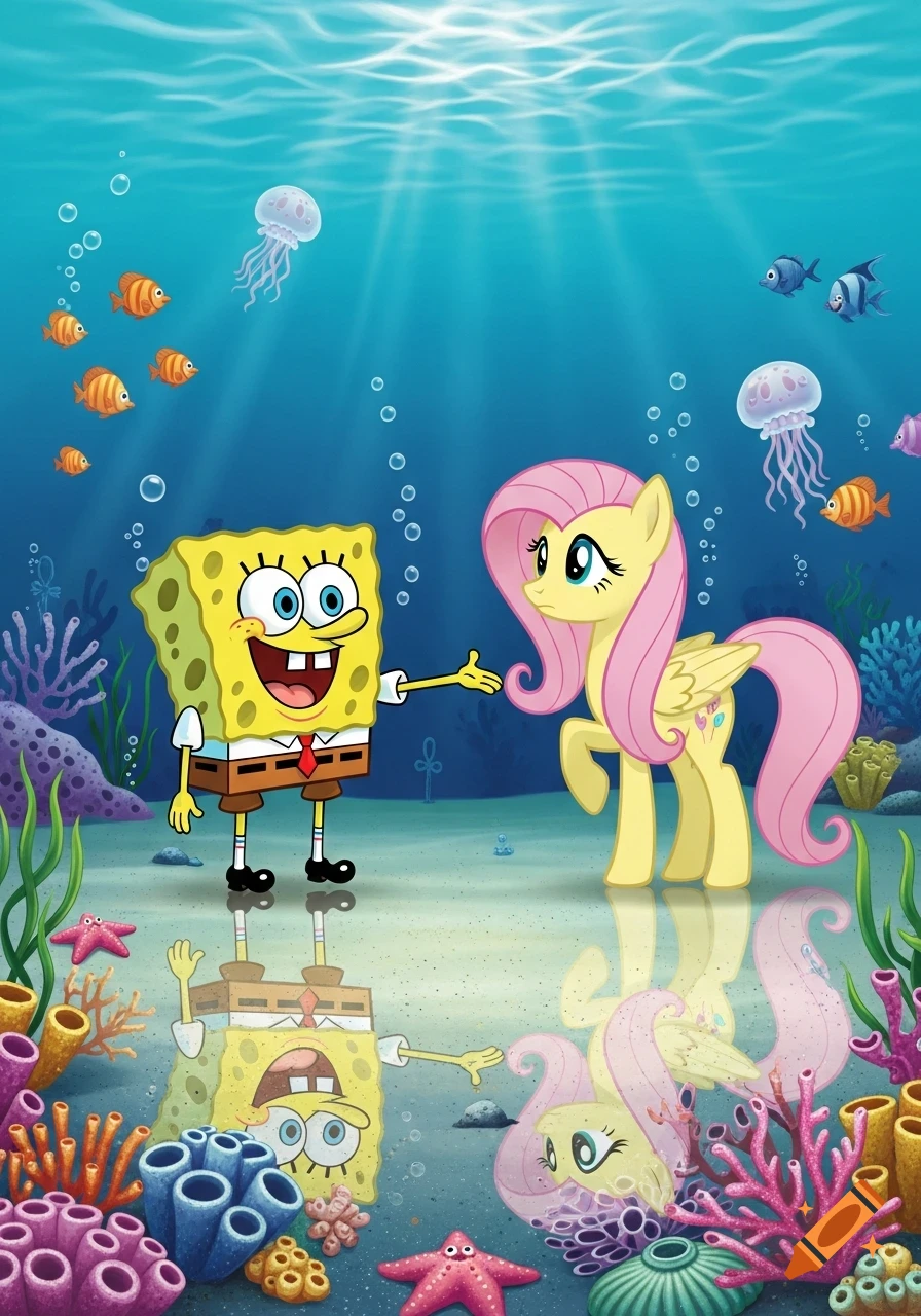Spongebob SquarePants and Fluttershy from My Little Pony meet and shake ...