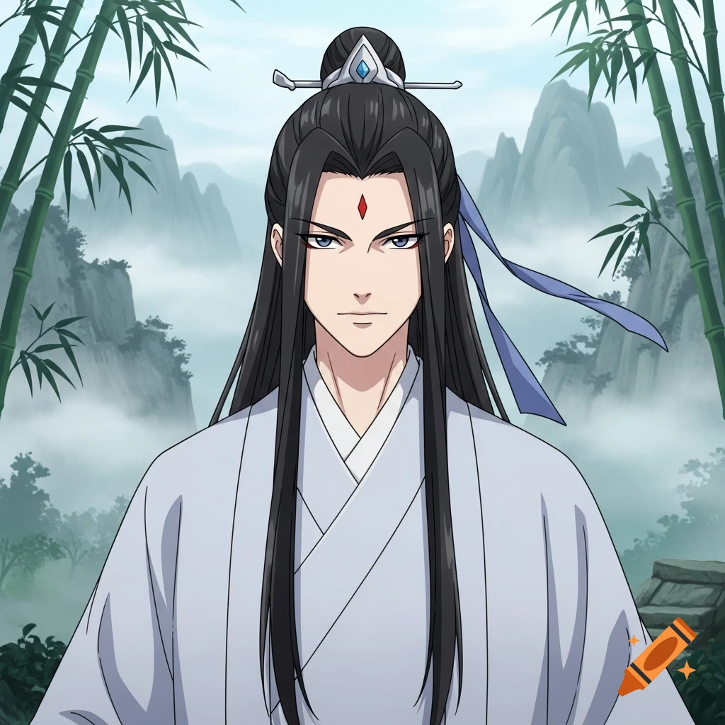 Anime man with long black hair, a red forehead mark, and a white Taoist ...