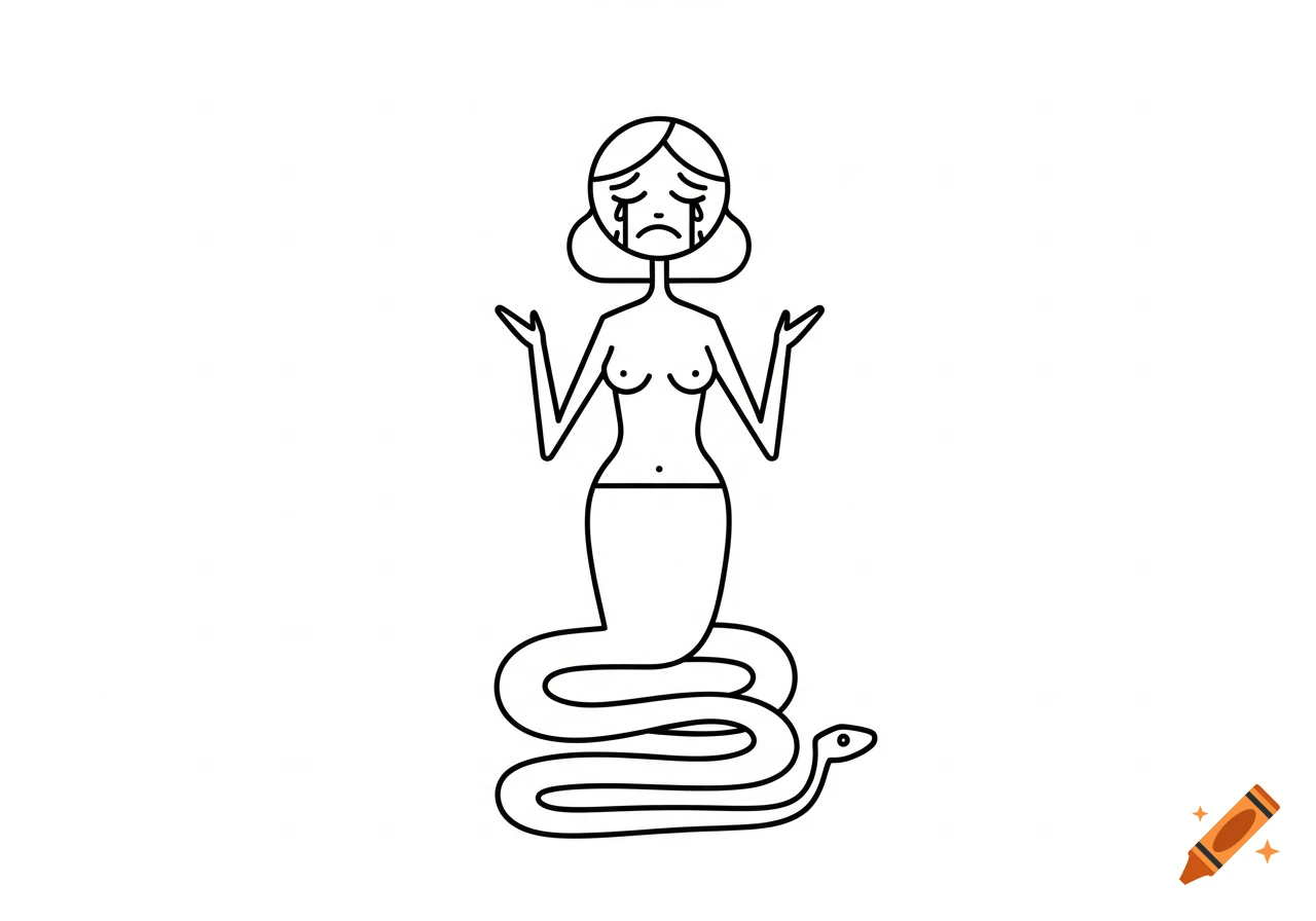 A minimalist line art drawing of a sad, crying woman with a snake ...