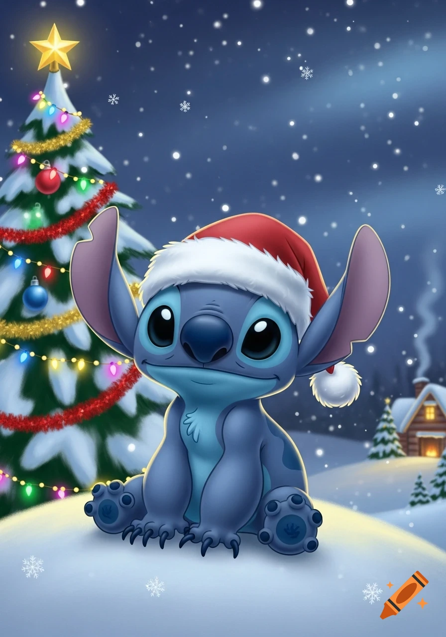 Cartoon illustration of Stitch wearing a Santa hat, sitting in the snow ...