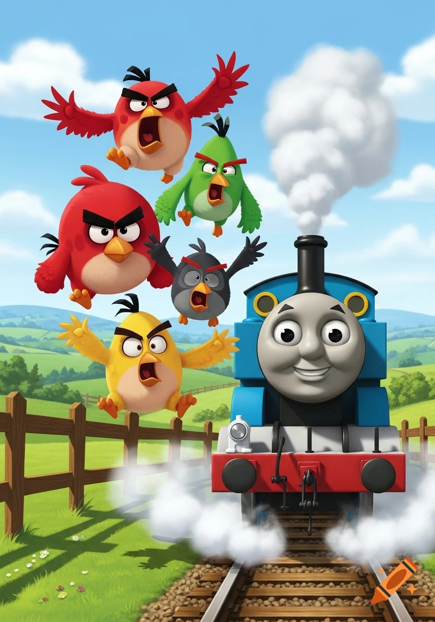 Cartoon image of Thomas the Tank Engine on tracks in a green ...