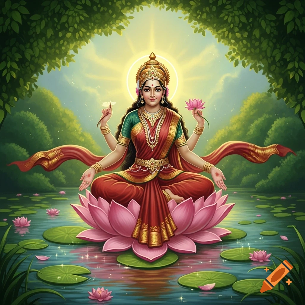 A colorful illustration of the Hindu Goddess Parvati, with four arms ...