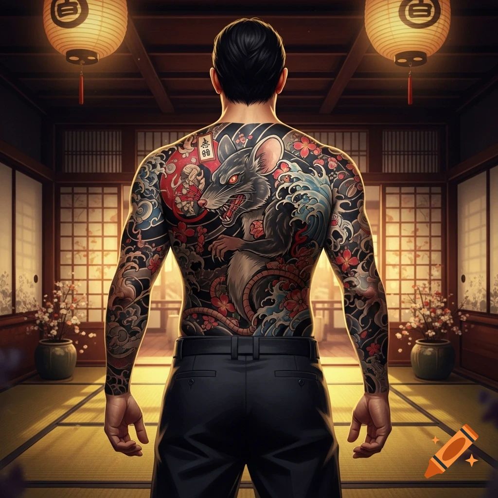 A man from behind, showing a large, detailed back tattoo of a fierce ...