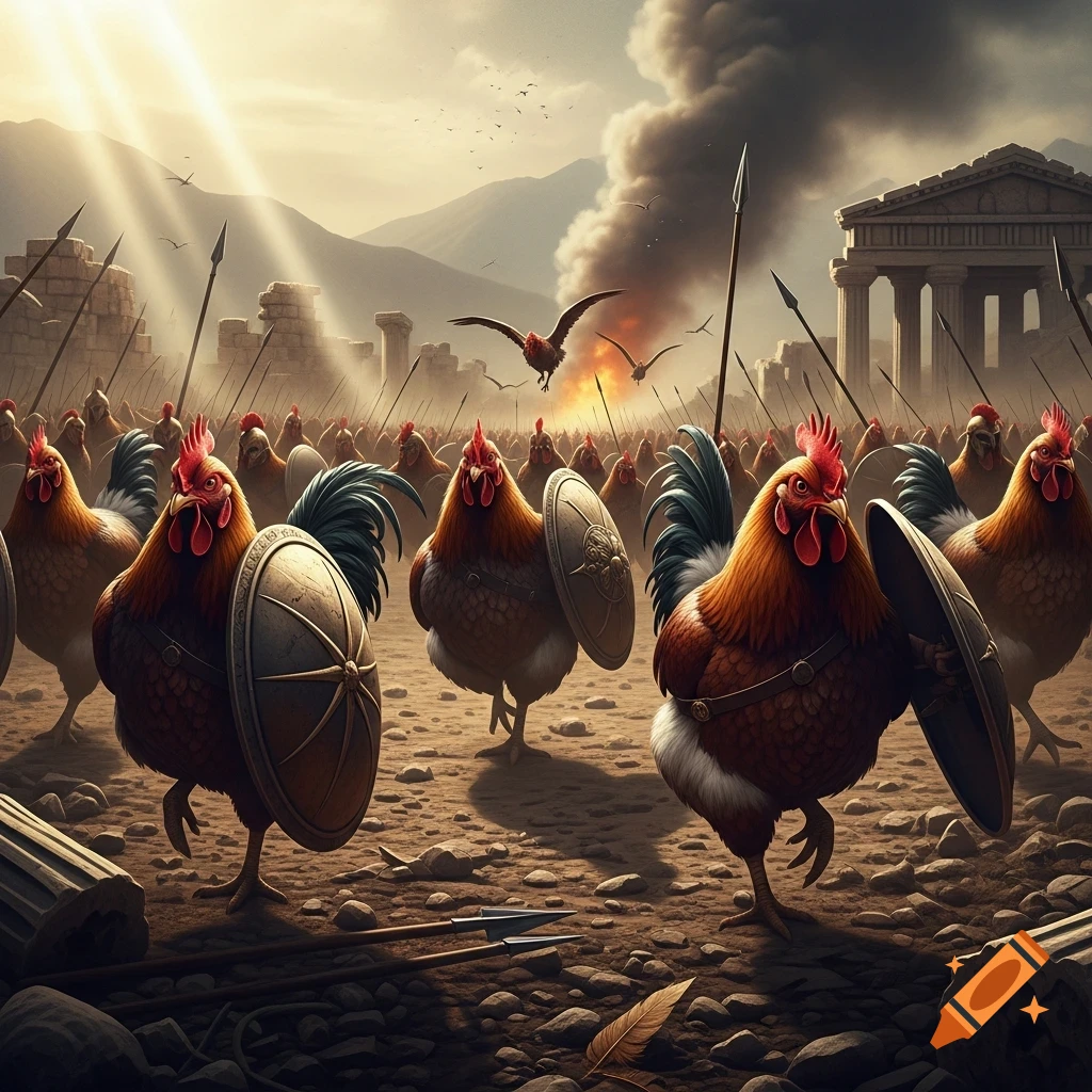 Hyperrealistic image of chickens as Spartan warriors carrying shields ...