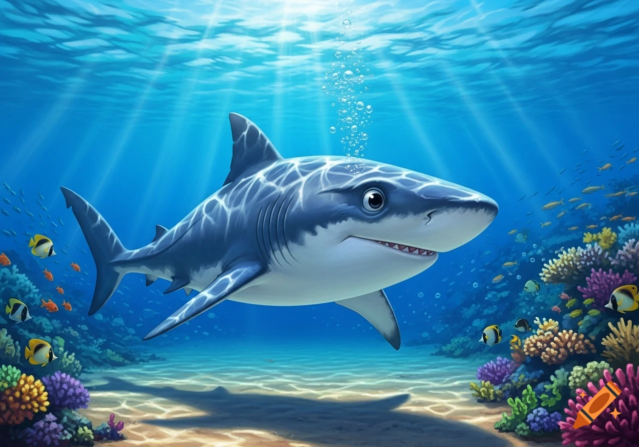 A friendly cartoon shark swims in a vibrant blue ocean, surrounded by ...