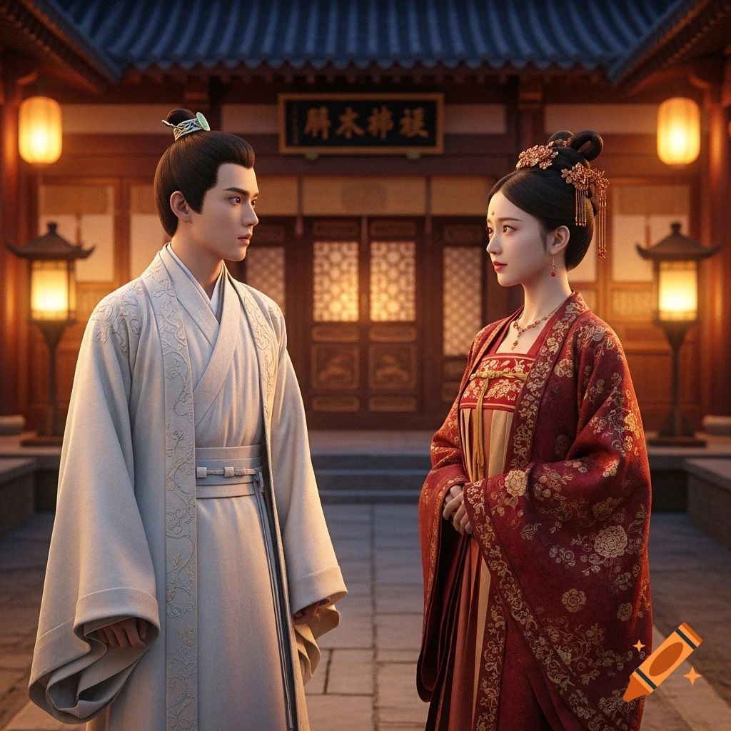 A young man and woman in elegant Tang dynasty attire stand facing each ...