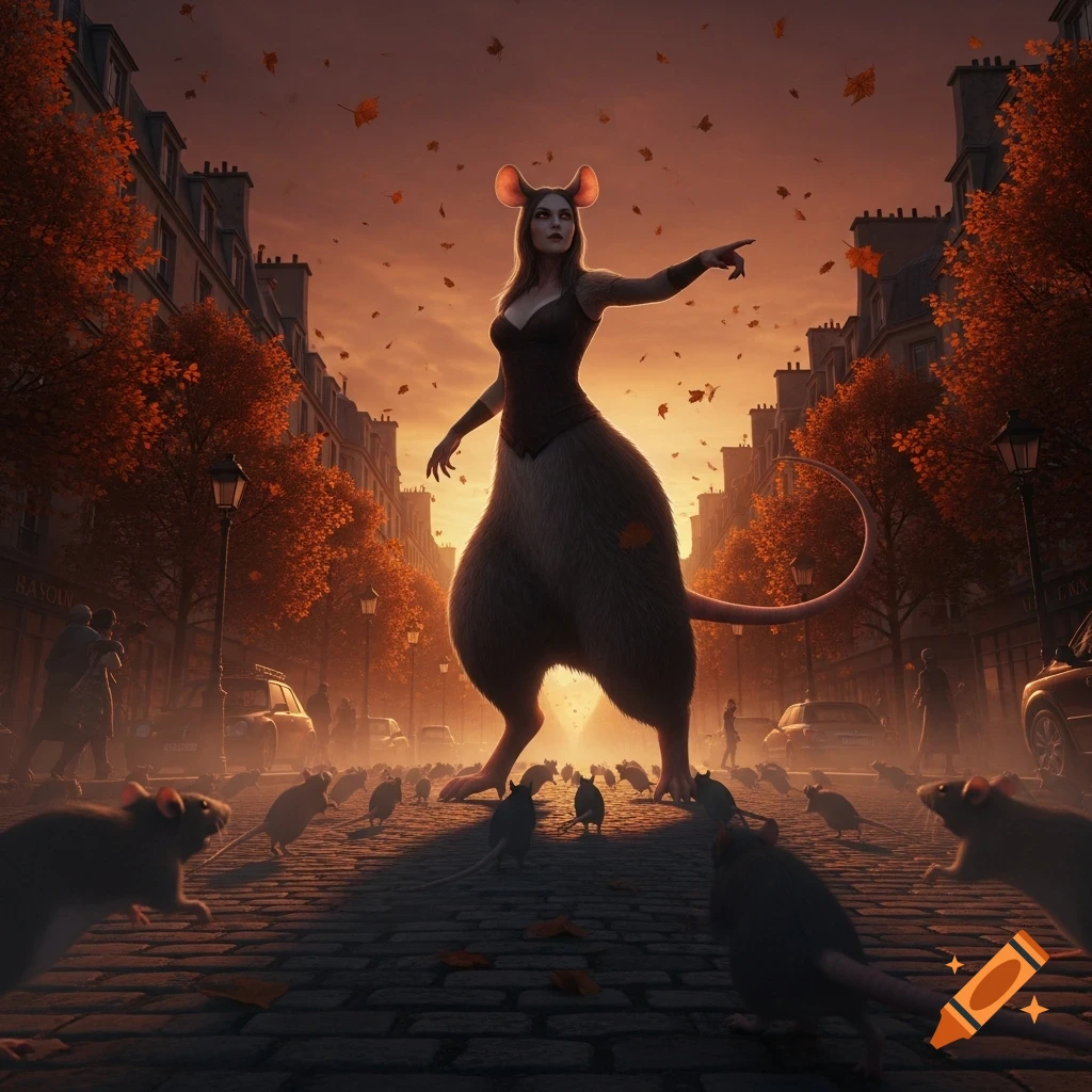 A fantasy rat-woman with a human torso and rat lower body guides a ...