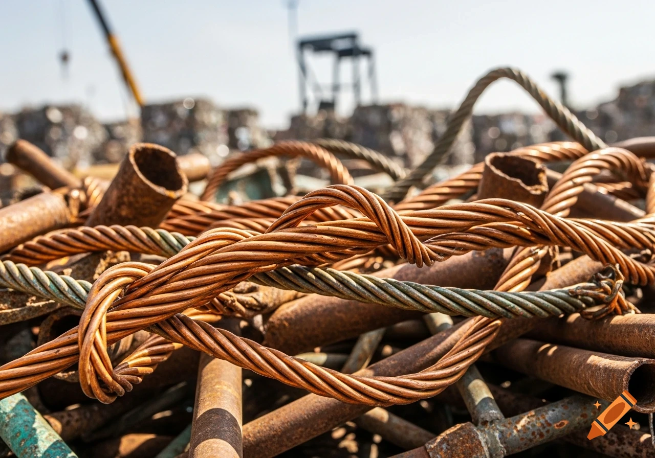 Close-up of twisted copper wires and rusty pipes piled in a blurred ...