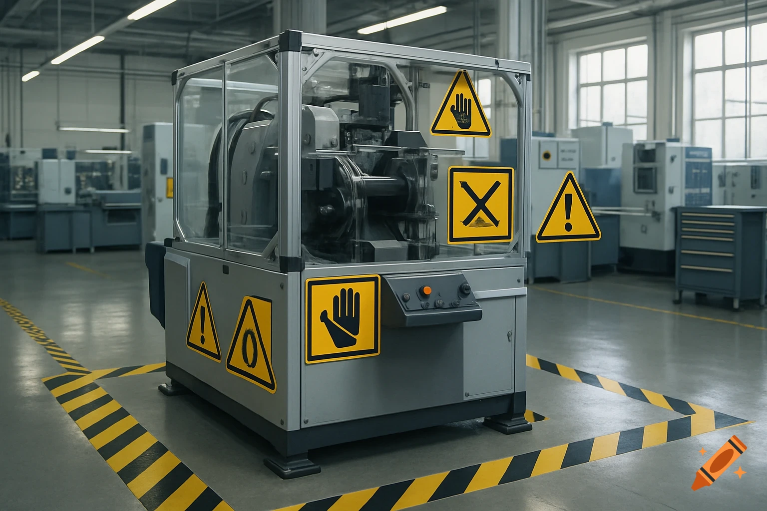 Photorealistic industrial machine with safety guards, yellow warning ...
