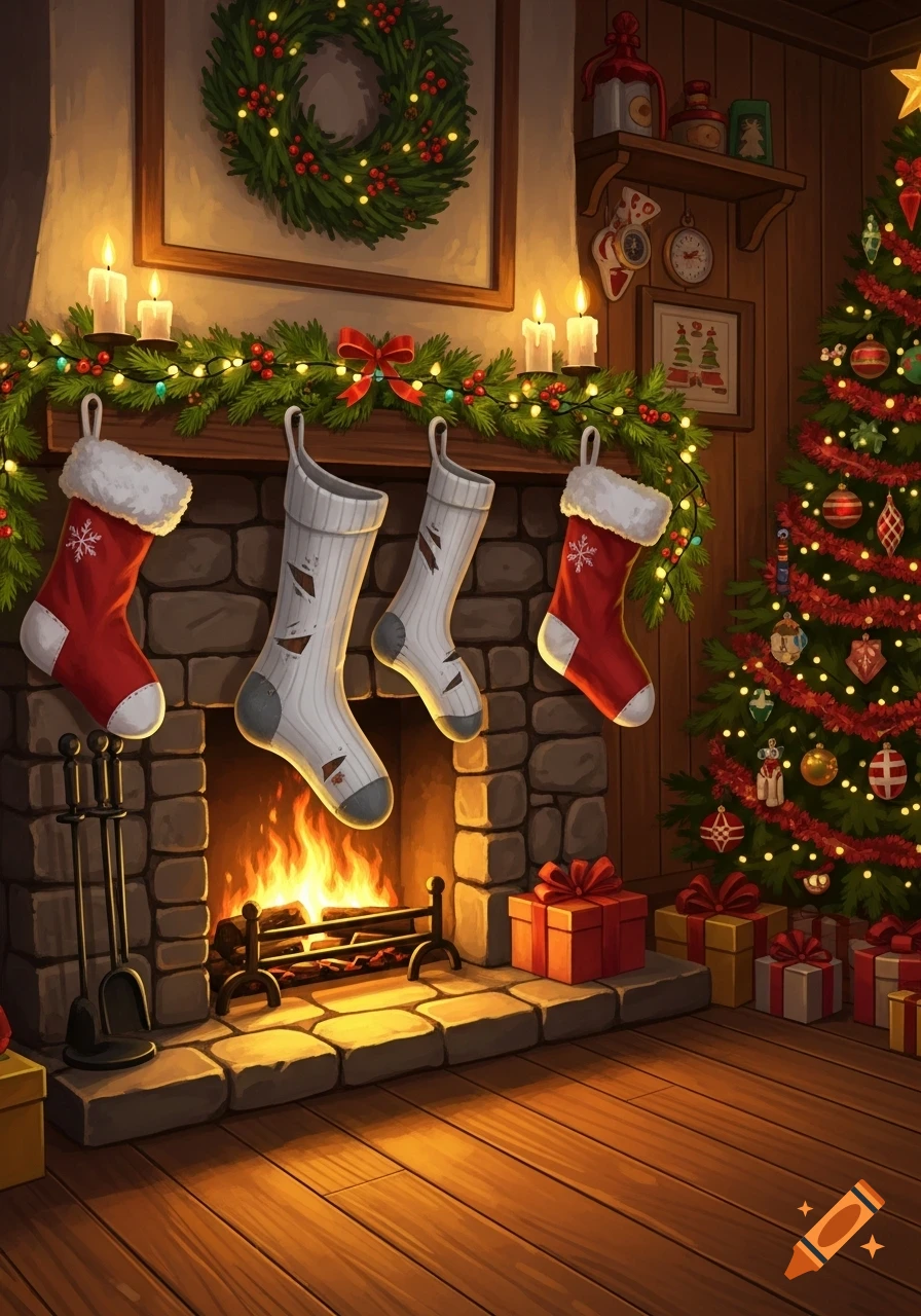 A cozy illustrated Christmas scene with a fireplace, garland, candles ...