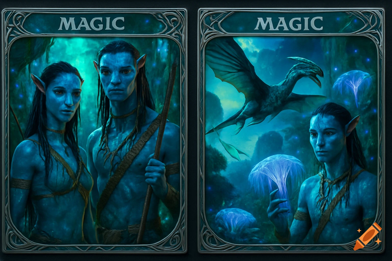 Two game cards featuring blue Na'vi characters and creatures from ...