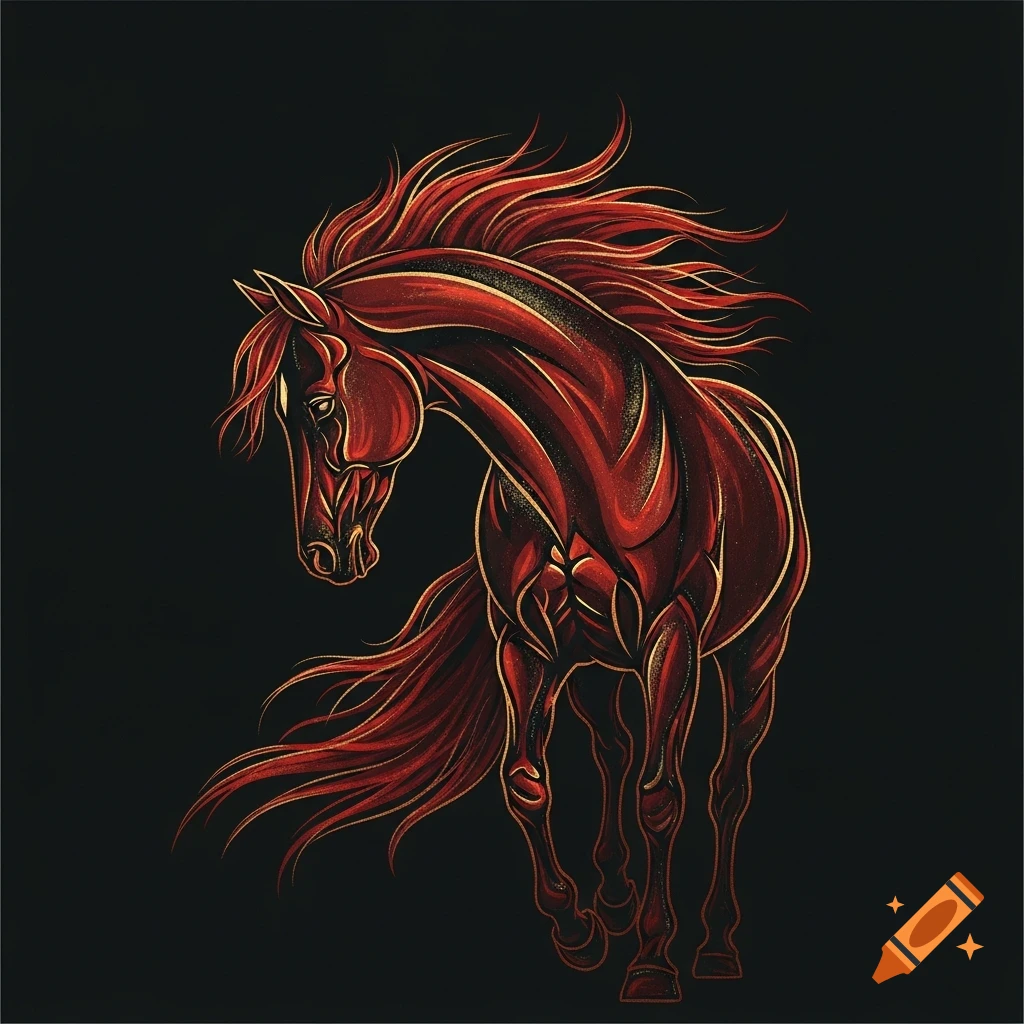 Elegant stylized fire red and copper horse with flowing mane and tail ...