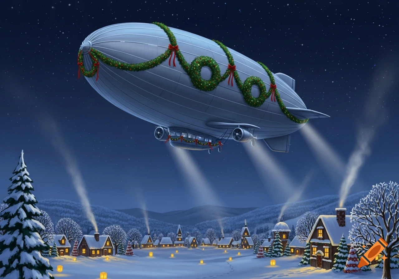 A festive blimp adorned with wreaths flies over a snow-covered village ...