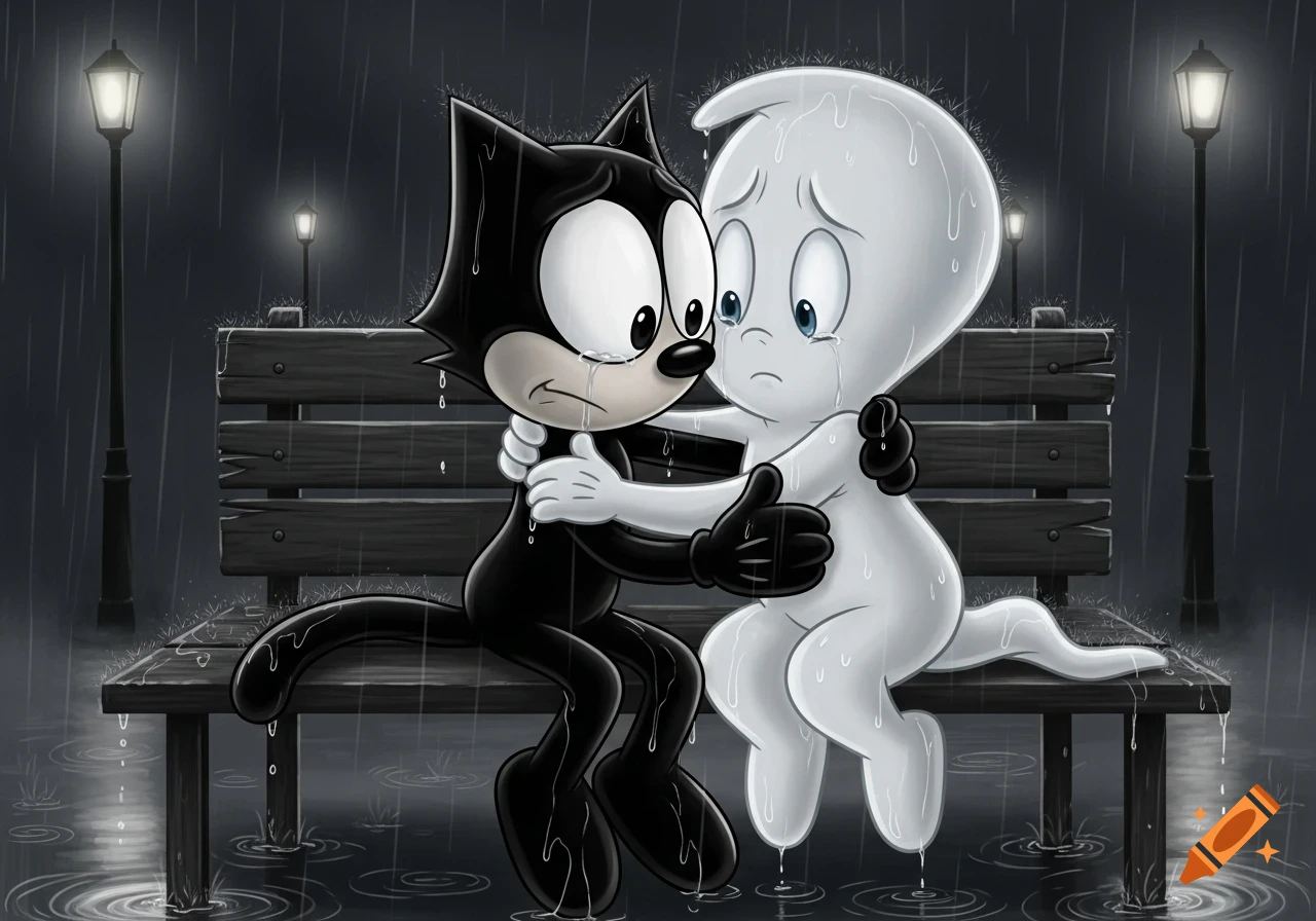 Felix the Cat comforts Casper the Friendly Ghost as they hug and cry on ...
