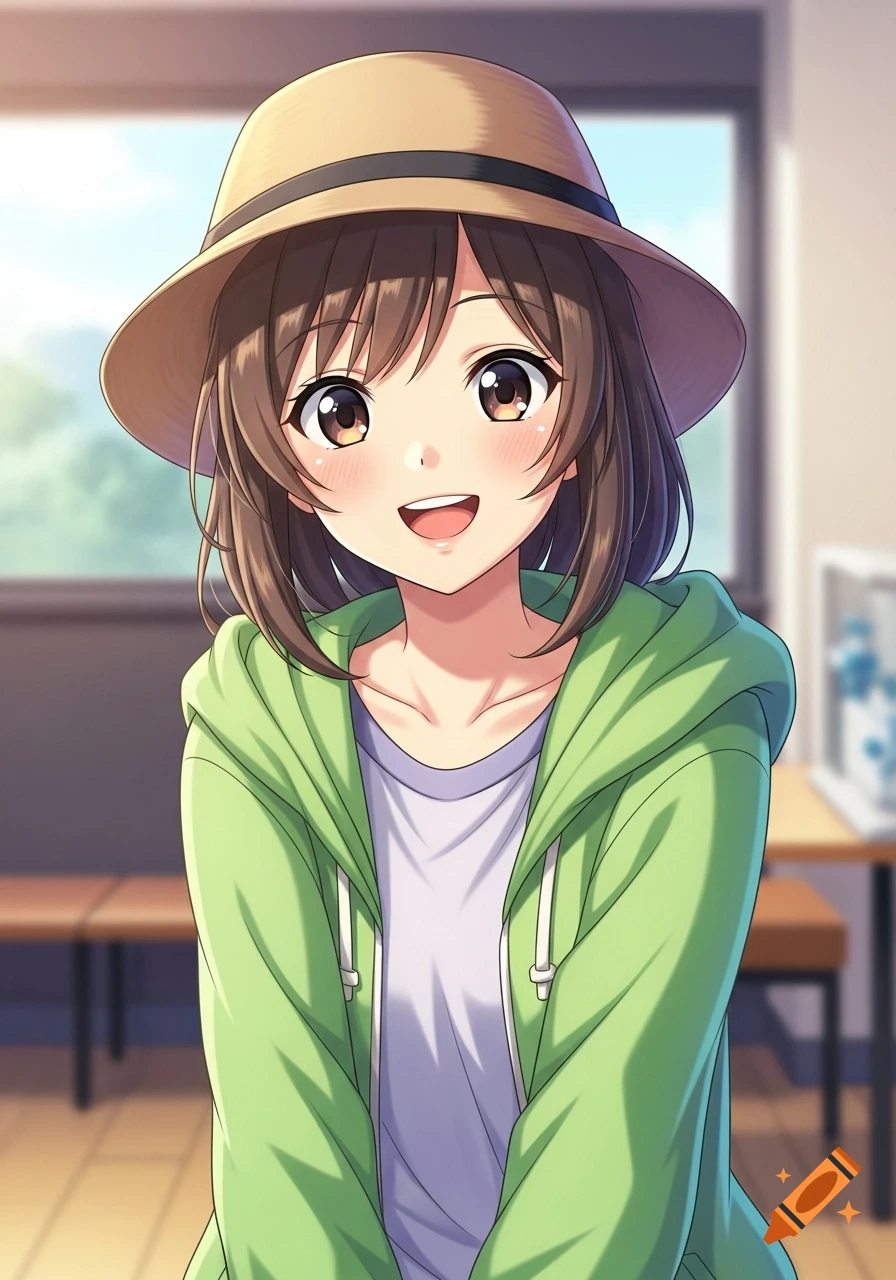 An anime girl with brown hair and a straw hat smiles, wearing a green ...