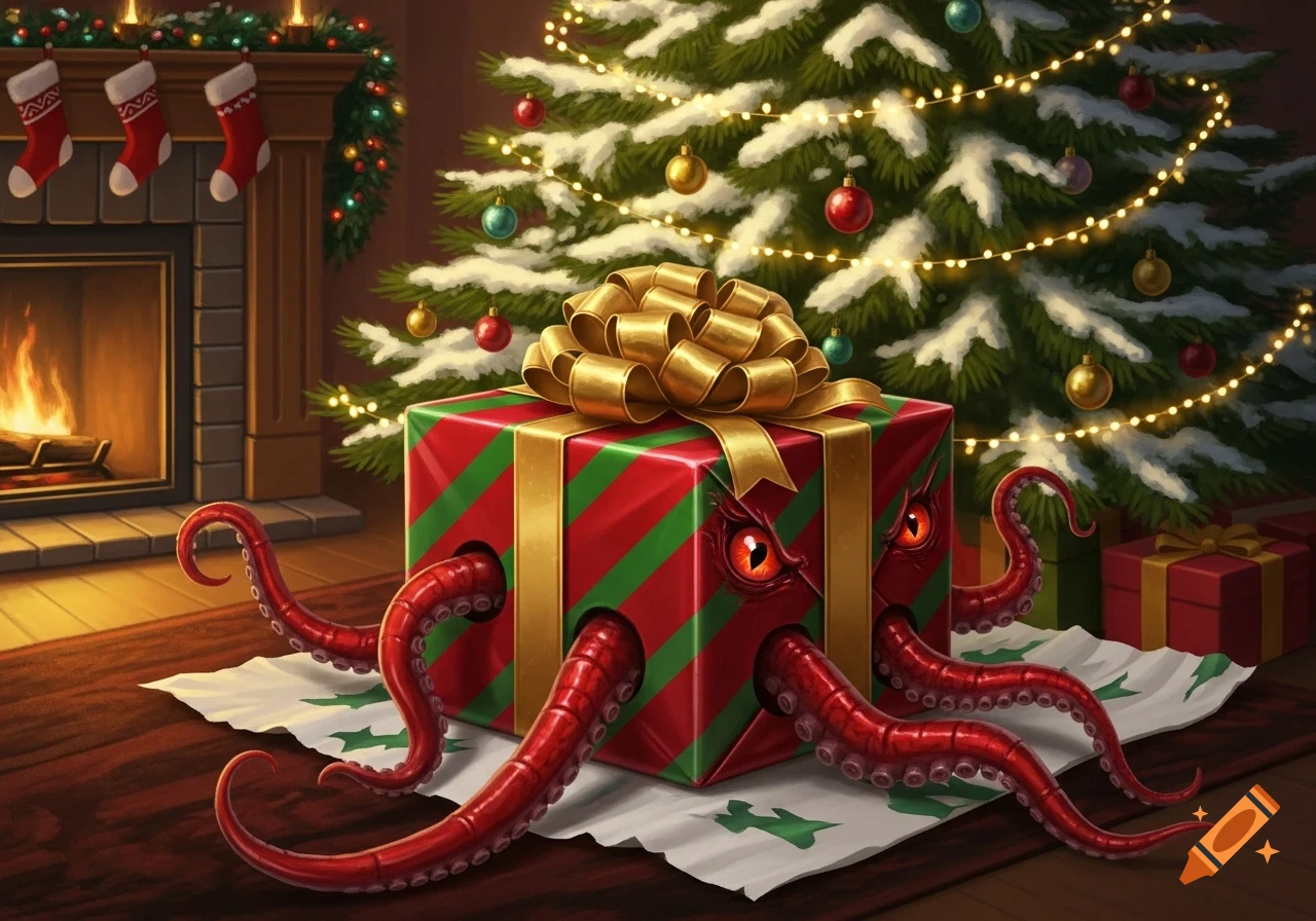 A mimic monster present with red tentacles and glowing eyes sits in ...