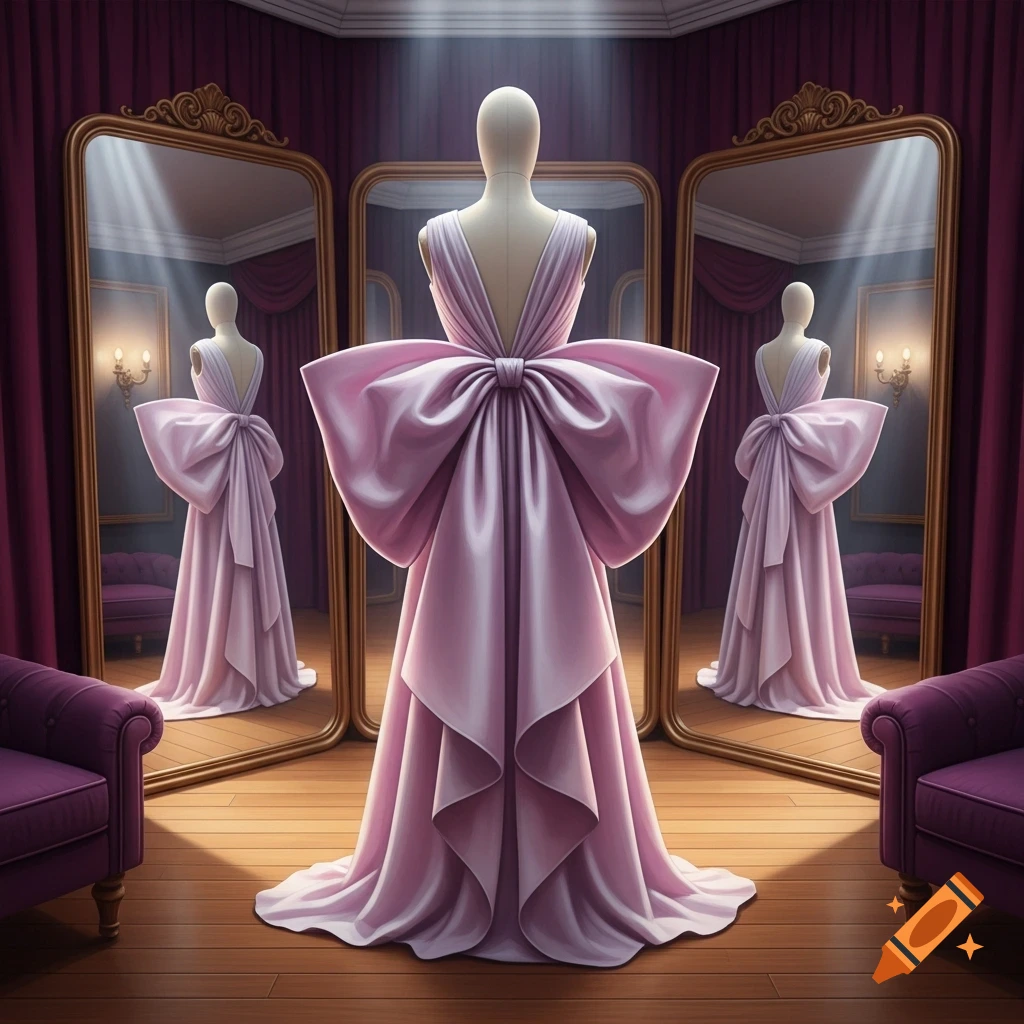Mannequin in a pale pink dress with a large bow at the back, standing ...