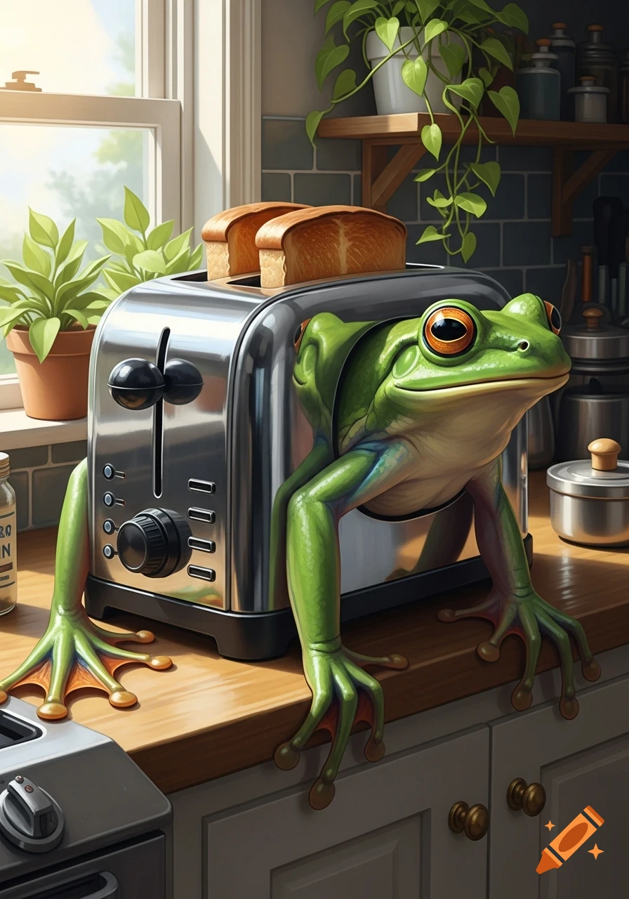 A photorealistic green frog with large orange eyes emerges from a shiny ...