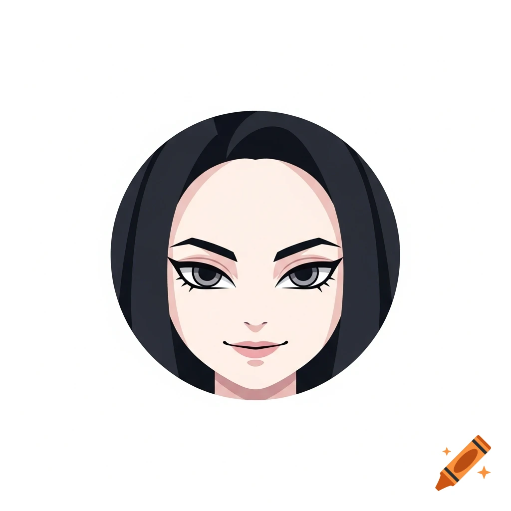 Circular emoji-style icon of a pale-skinned woman with dark hair, sharp ...