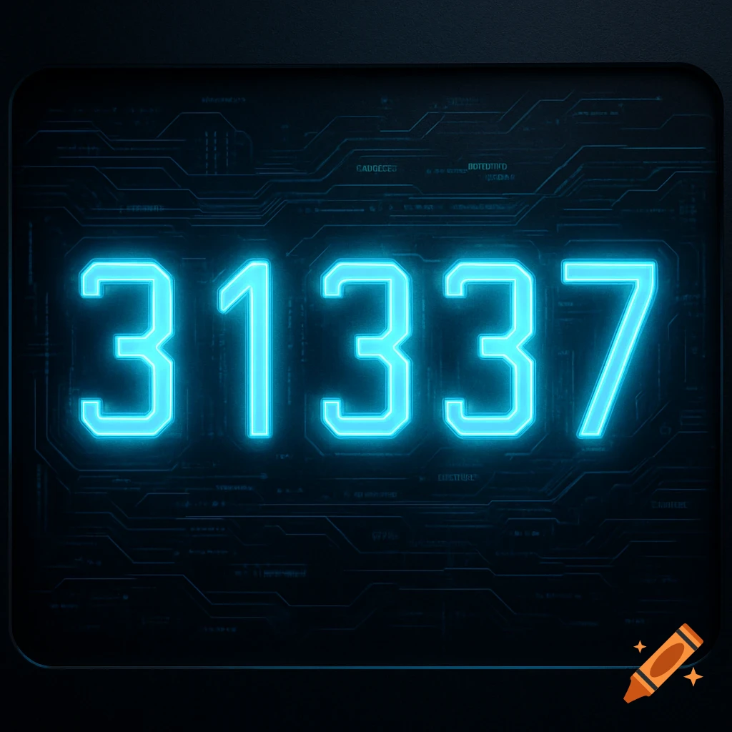 A bright blue glowing digital display shows the number "31337" against ...