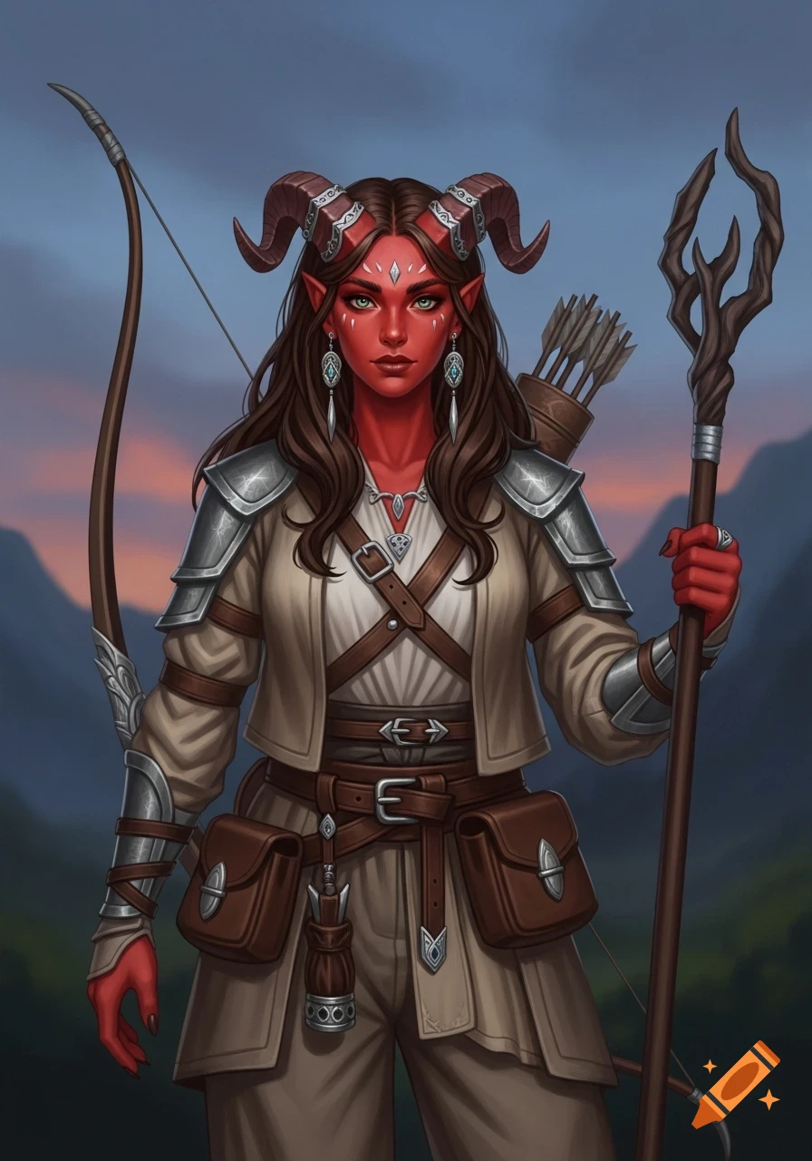 A red-skinned Tiefling woman with horns, long brown hair, and green ...