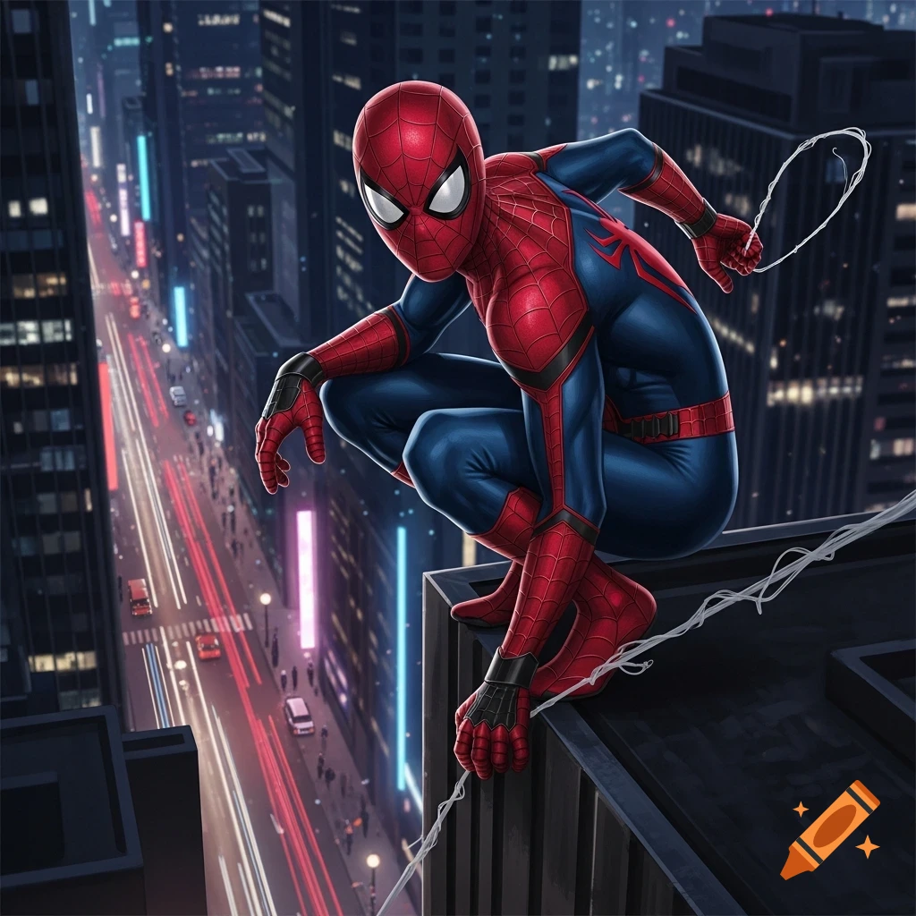 Spider-Man crouches on a city rooftop at night, overlooking illuminated ...