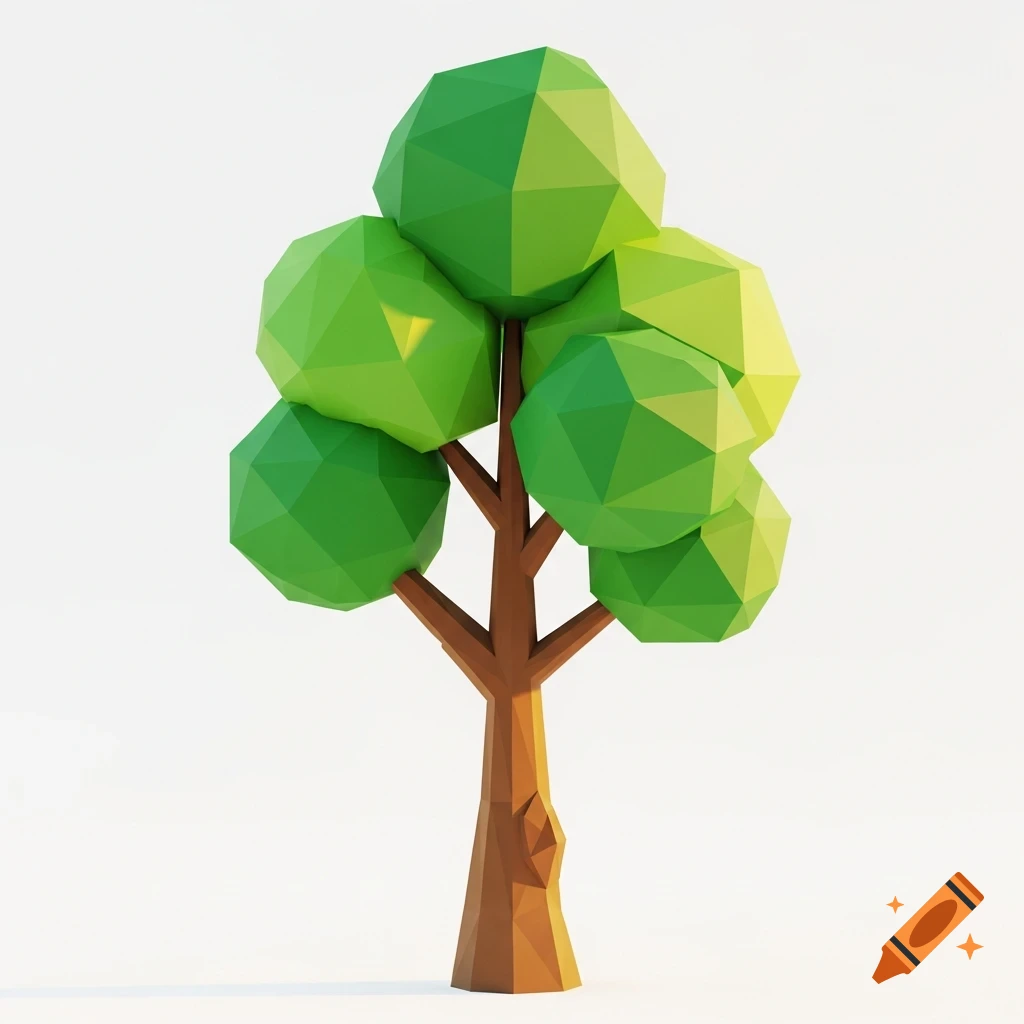 A green and brown low-poly tree rendered in 3D on a white background ...