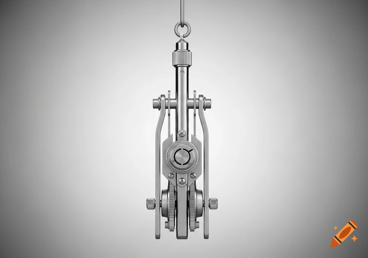 A detailed, silver metallic mechanical device is suspended vertically ...